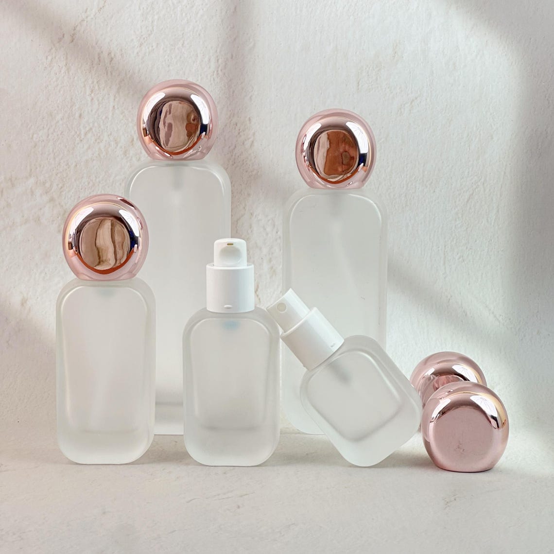 Empty Frosted Glass Lotion Pump Bottles & Facial Mist Bottles With Rose ...