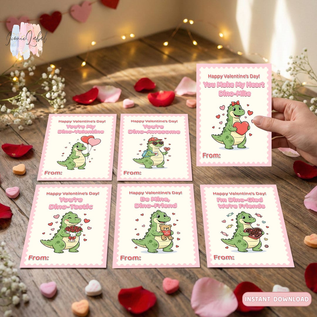 Dinosaur Valentine Cards Printable for Kids, Dino Classroom Valentines ...