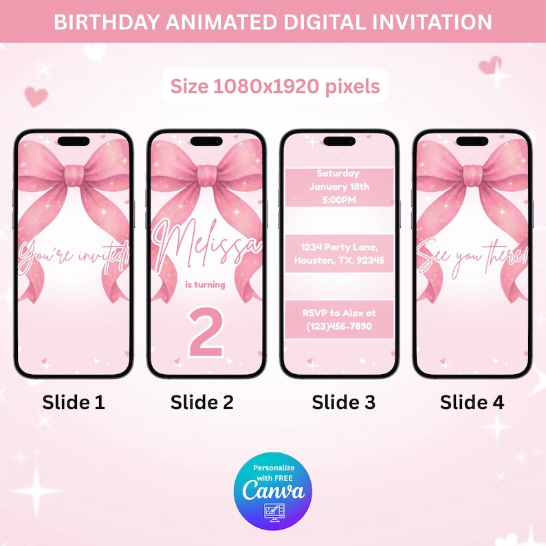 Pink Bow Animated Birthday Invitation | Editable Canva Digital Invite ...