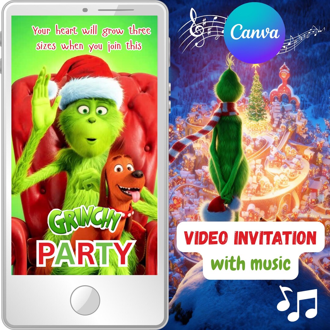 Editable Grinch Birthday Video Invitation, Canva Digital Template ...