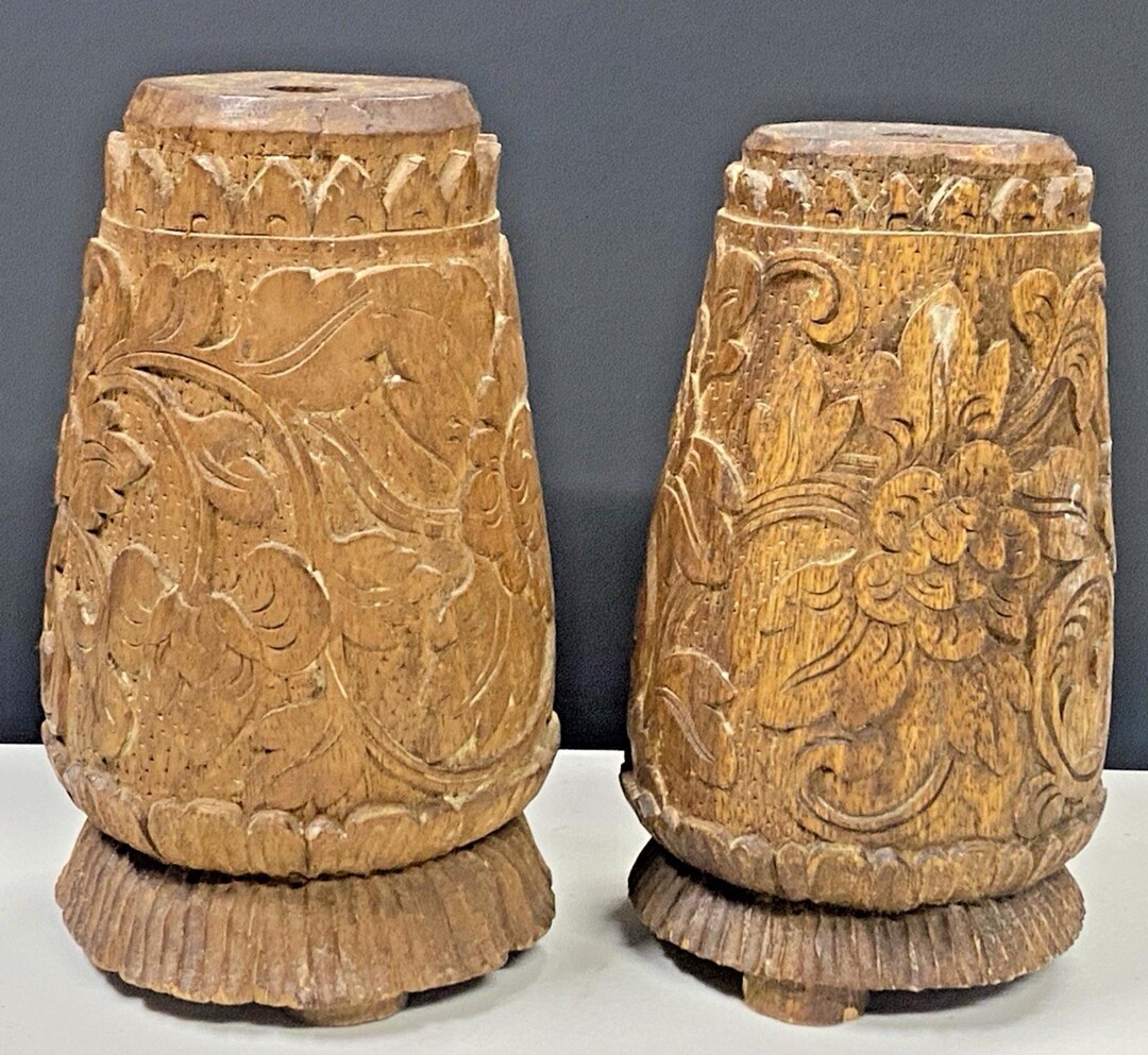 Two (2) Vintage Hand Carved Wood Lamp Bases W/floral Motif -parts ...