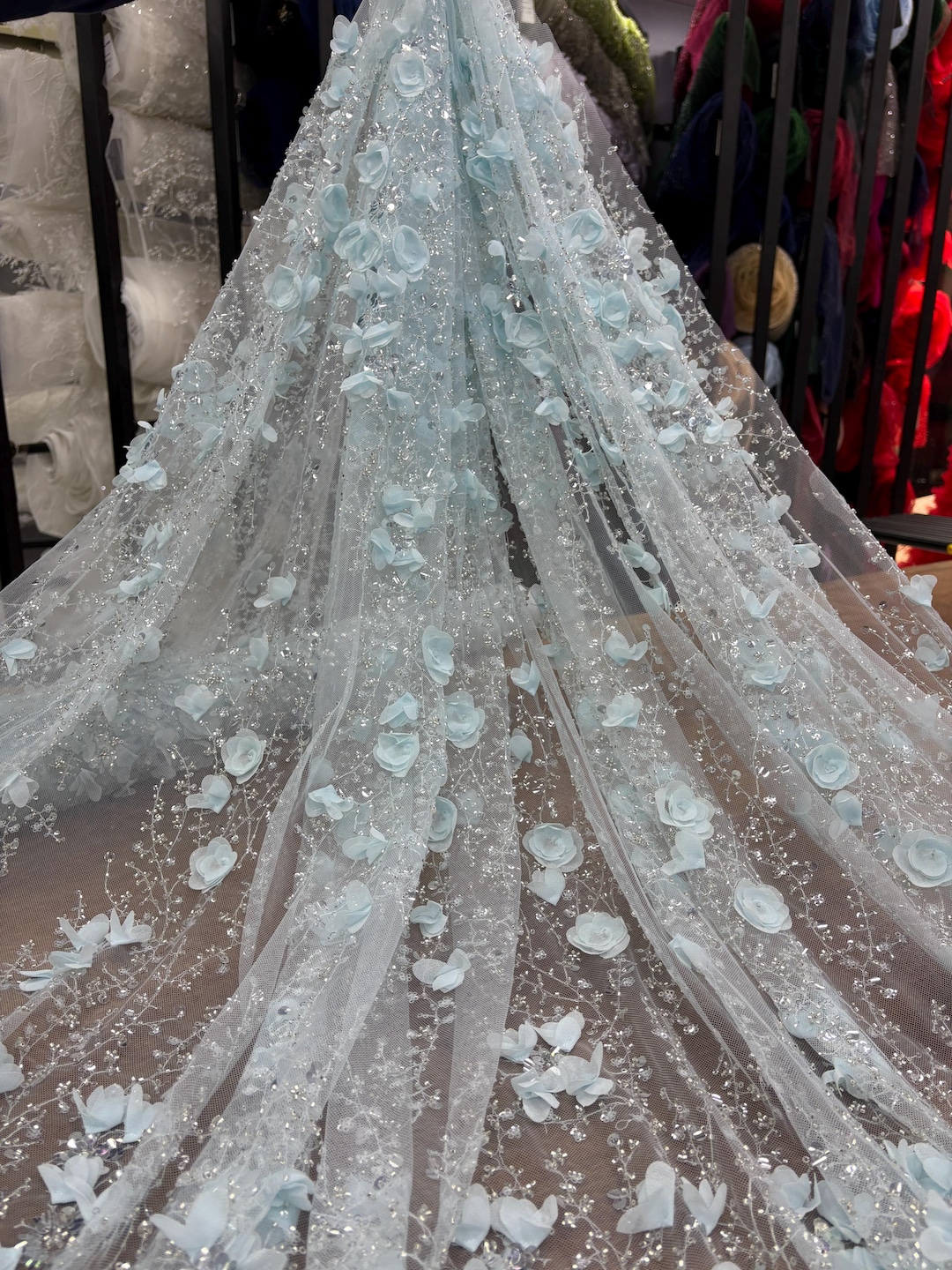 Soft Baby Blue 3D Rose Lace With Silver Sequins & Cut Beads - Etsy