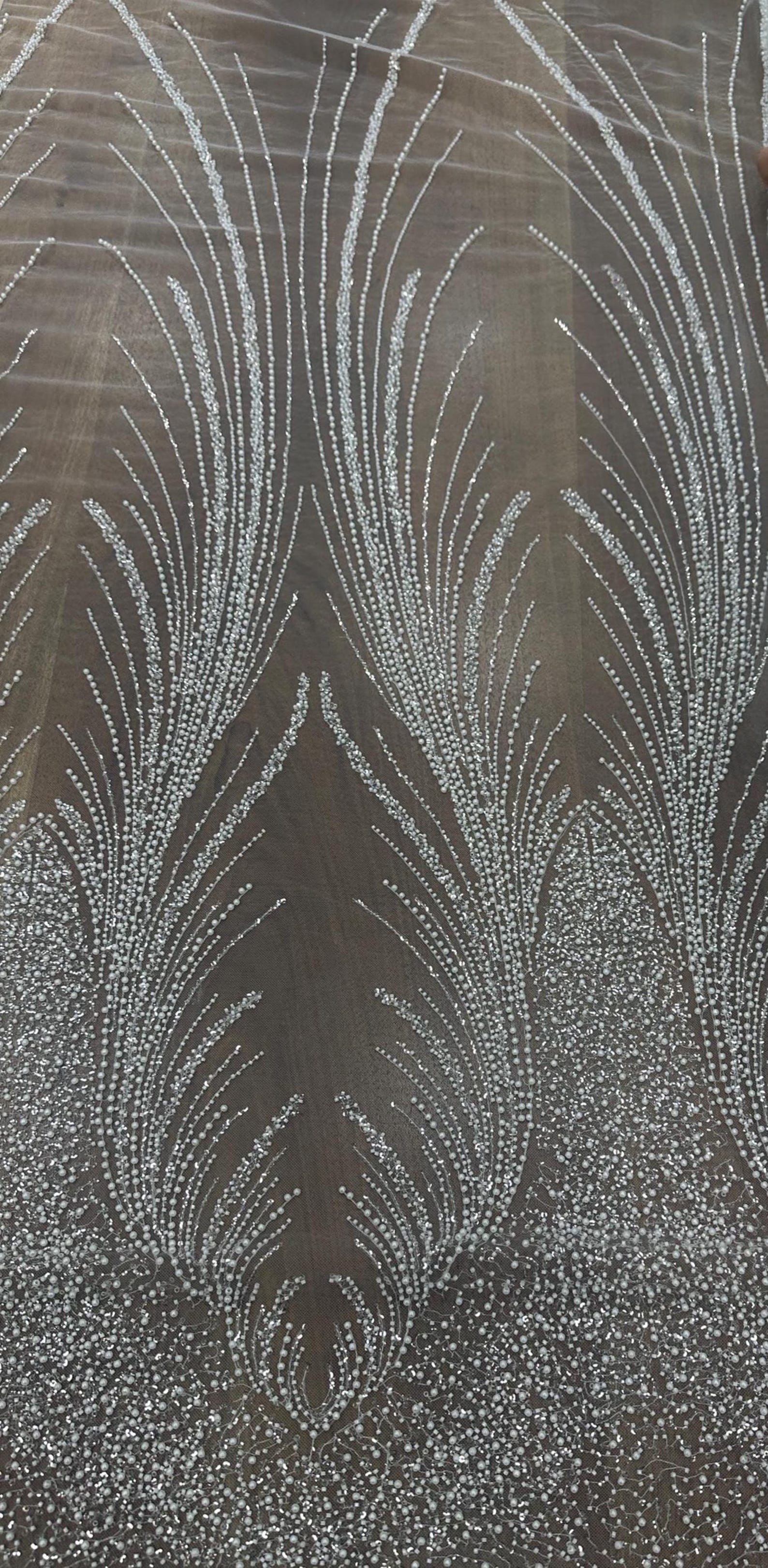 Off-white Beaded Lace Fabric: Angel Wing Embroidery on Tulle - Etsy