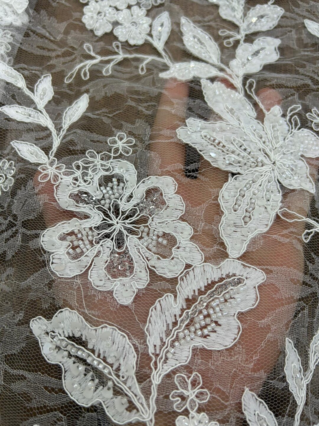 Off White Beaded Bridal Lace Fabric, Flower Embroidered Tulle for ...