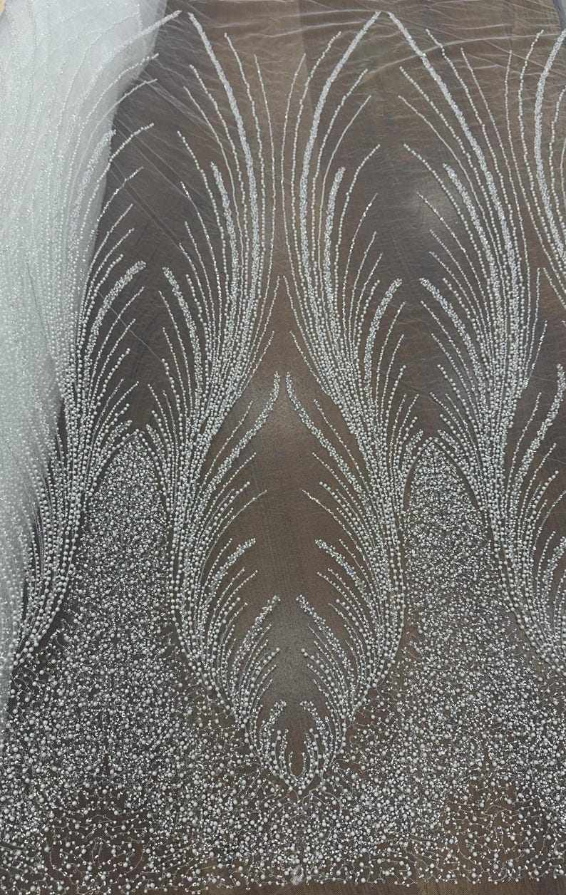 Off-white Beaded Lace Fabric: Angel Wing Embroidery on Tulle - Etsy