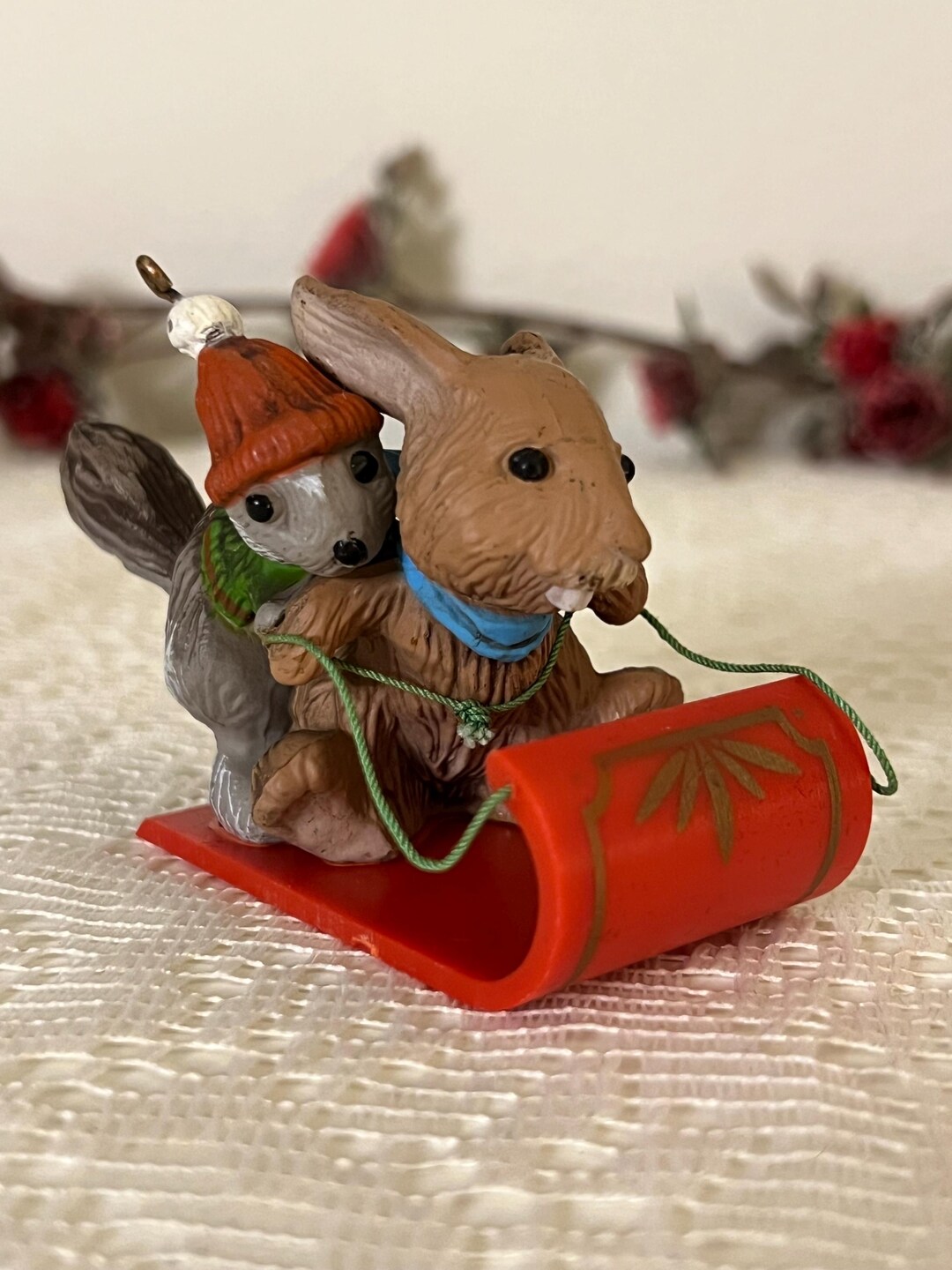 Vintage 1979 Hallmark Ornament – Bunny and Squirrel on Sled With Box ...