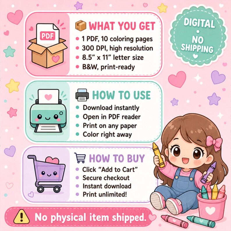 Cute Kids Coloring Book Printable PDF | 10 Pages Kawaii Children's ...