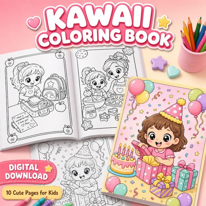 Cute Kids Coloring Book Printable PDF | 10 Pages Kawaii Children's ...