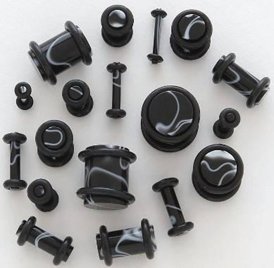 Acrylic Pierced Ear Lobe Retainer Plugs Black & White Marble Swirl Ear ...