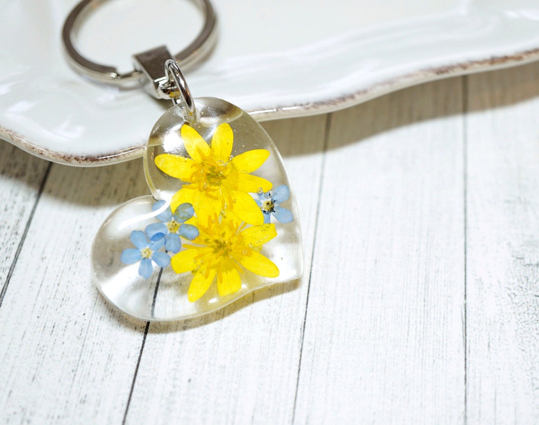 Yellow Flower Key Chain/key Charm - Clear Resin, Real Pressed Flower - Etsy