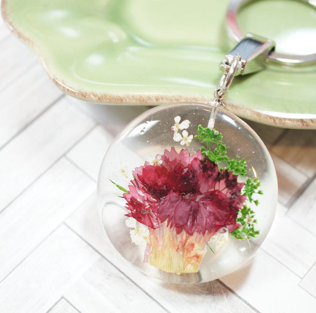 Big Circle Red Carnation Flower Keychain, Charm - Real Pressed Flower ...