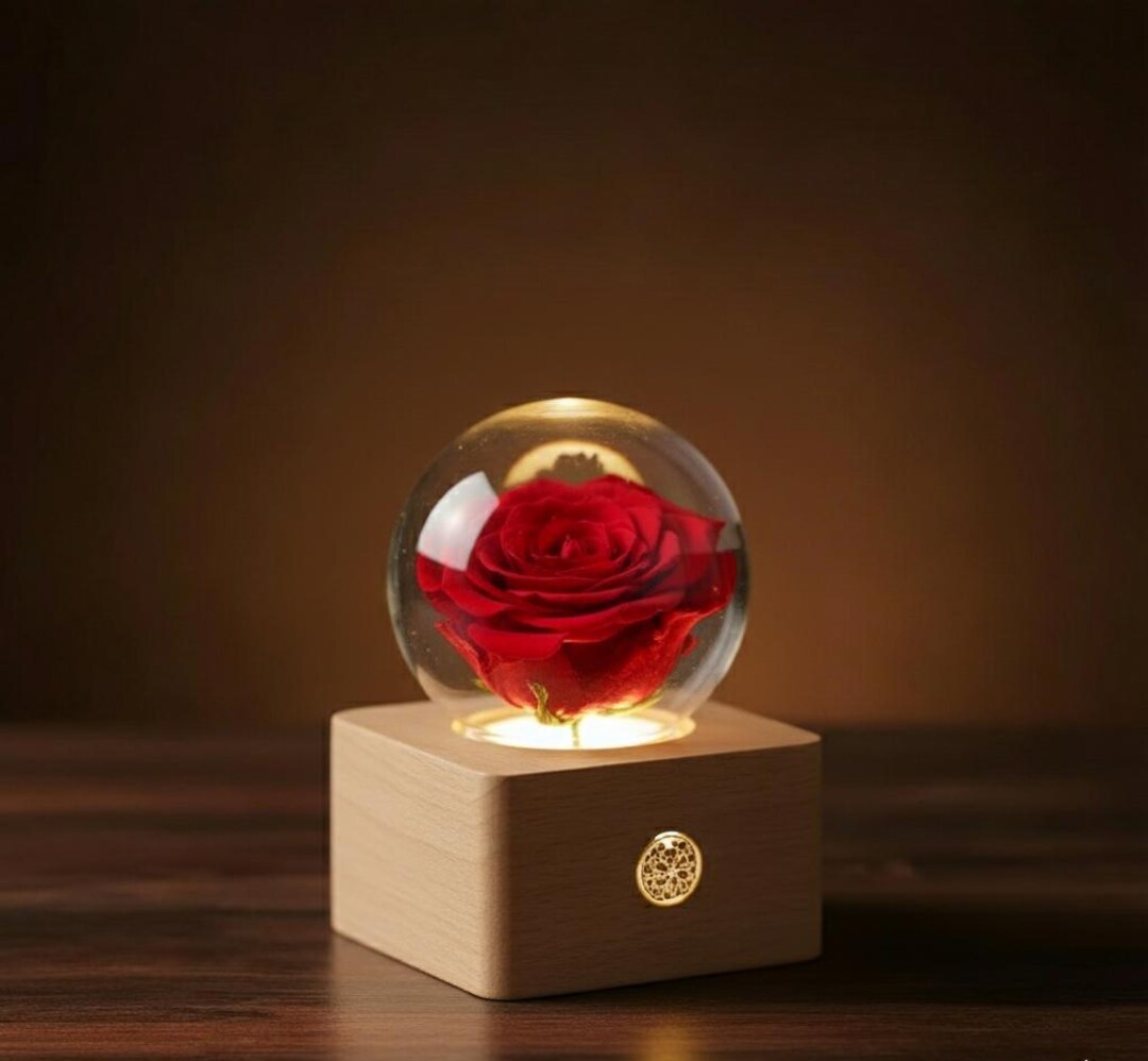 80mm Real Preserved Flower Crystal Ball Lamp | Touch-dim LED on Beech ...
