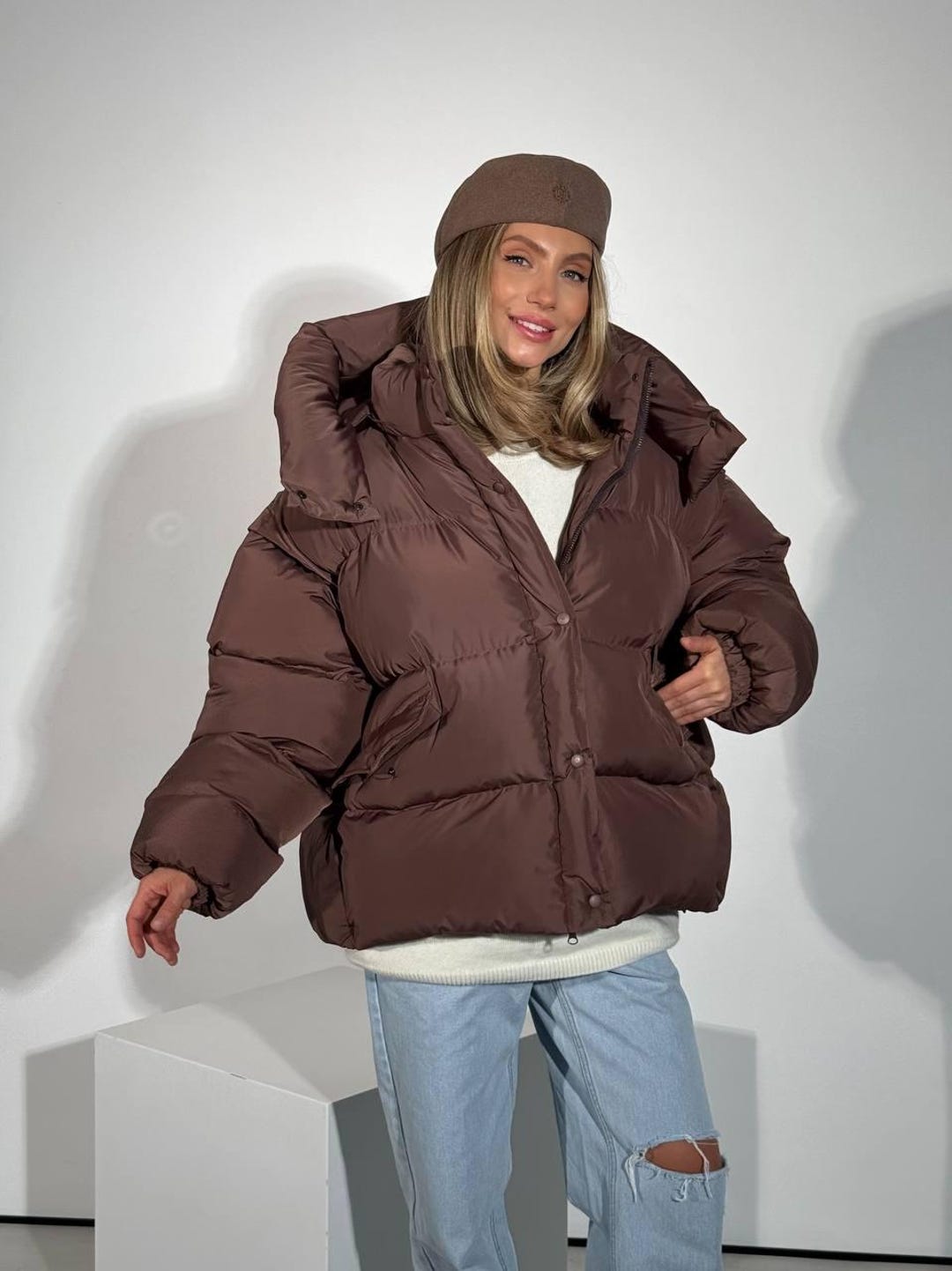 Light Brown Puffer Jacket Transformer With Removable Sleeves and Hood ...