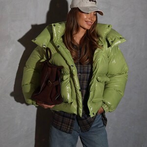 Light Green Glossy Short Puffer Jacket – Winter Cropped Coat With ...
