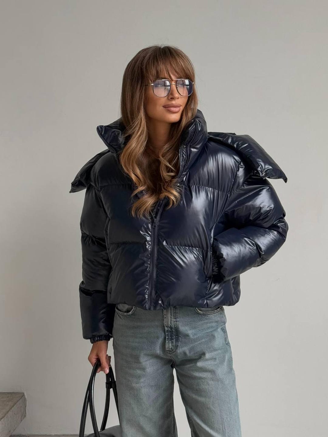 Navy Glossy Puffer Jacket Eco Down — Warm Lightweight Winter Coat Women ...