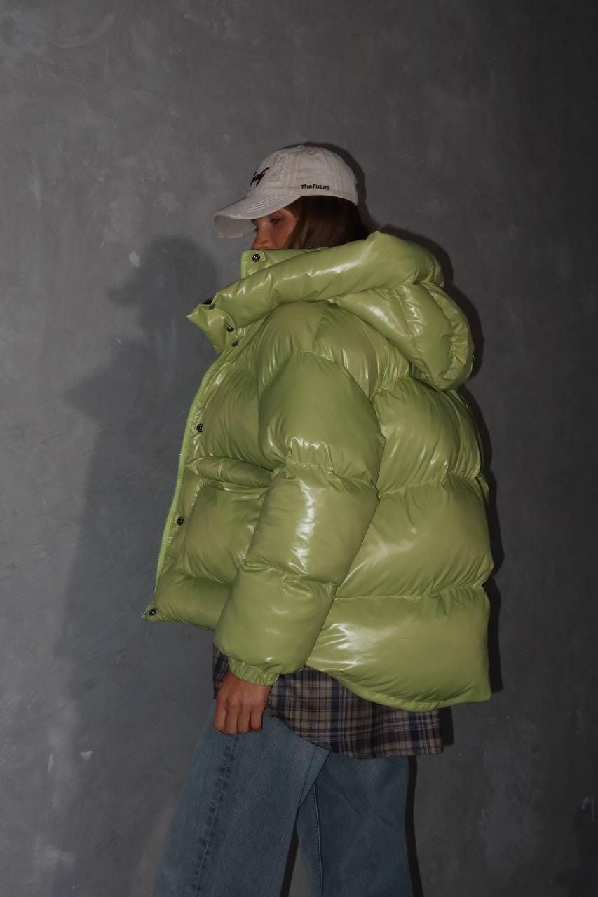 Light Green Glossy Short Puffer Jacket – Winter Cropped Coat With ...