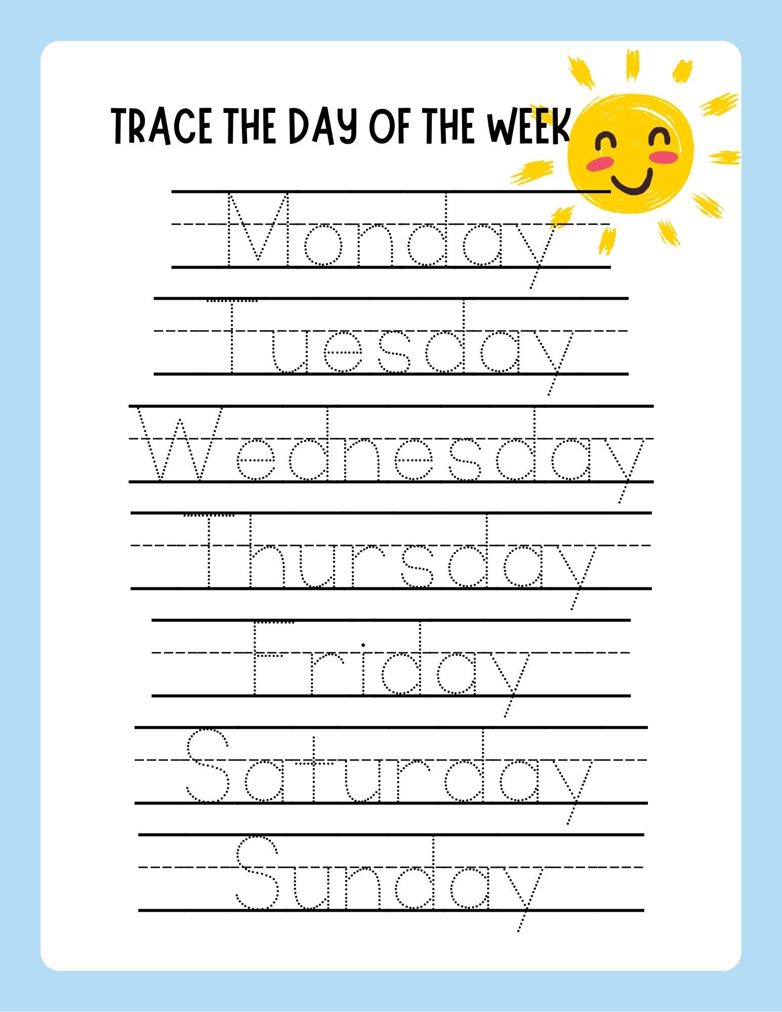 Days of the Week Tracing Worksheets | Handwriting Practice | Preschool ...