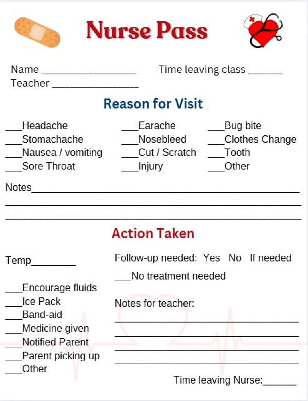 School Nurse Pass- Detailed - Etsy