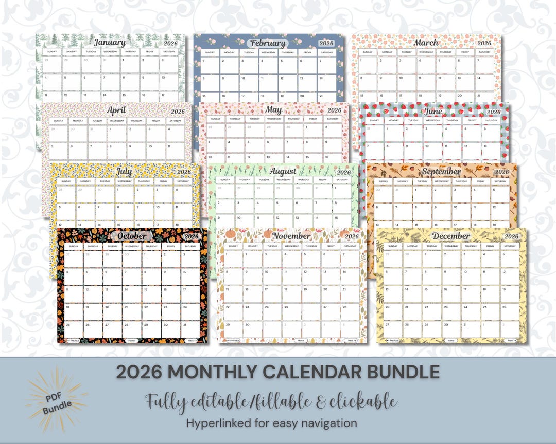 Fillable Clickable 2026 Digital Calendar | Monthly Planner PDF ...