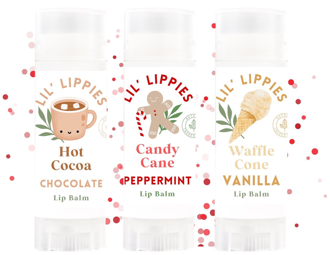 Set of 3 Lip Balms Gifts for Kids- the Christmas Ones - Candy Cane, Hot ...