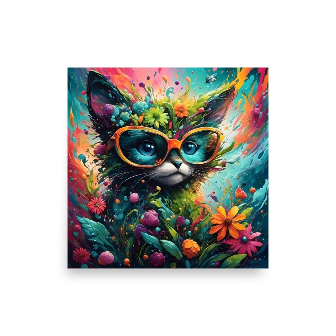 Funky Cartoon Cat Poster | Colorful Cat Wall Art | Quirky Cat Poster ...