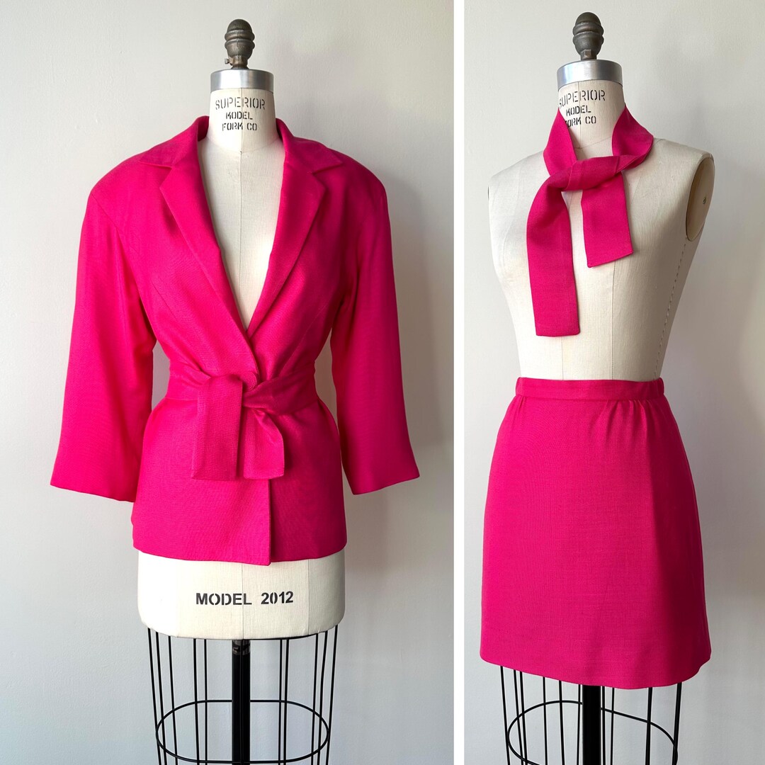 Vintage Hot Pink Linen Jacket and Mini Skirt Set With Detatchable Belt ...