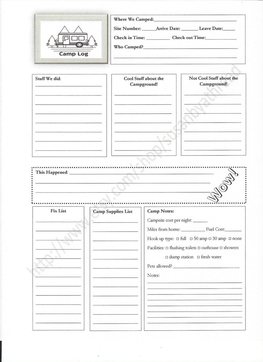 Printable RV Camp Log Book Page Digital Download - Etsy