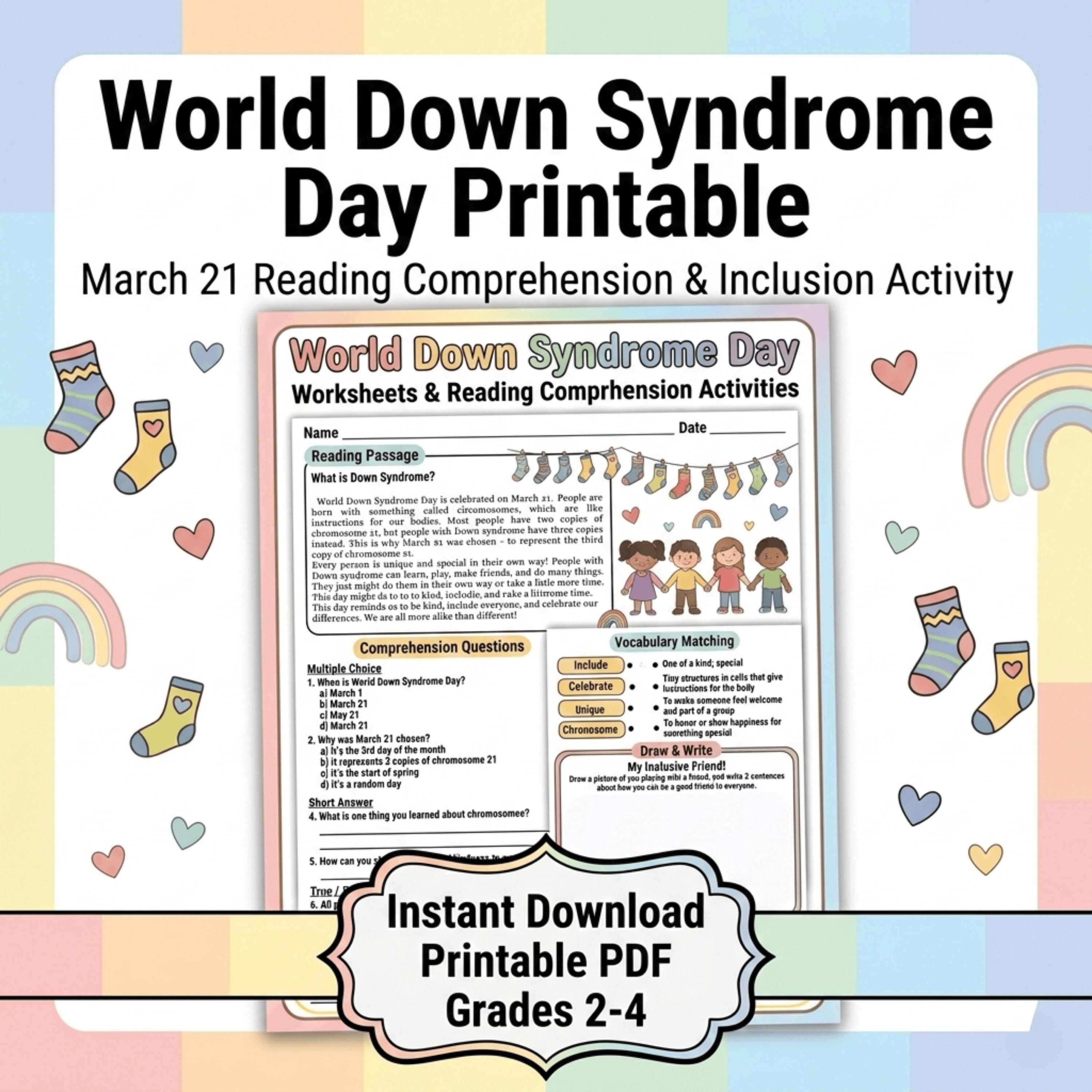 World Down Syndrome Day Printable Worksheet, March 21 Reading ...