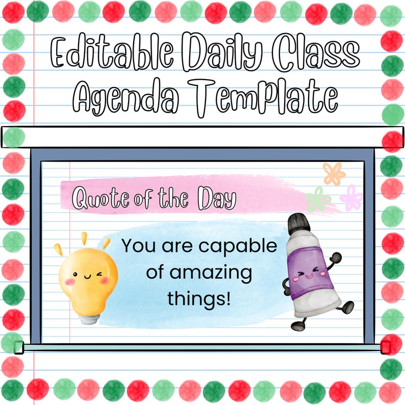 Editable Daily Class Agenda Template | Watercolor Teacher Slides ...