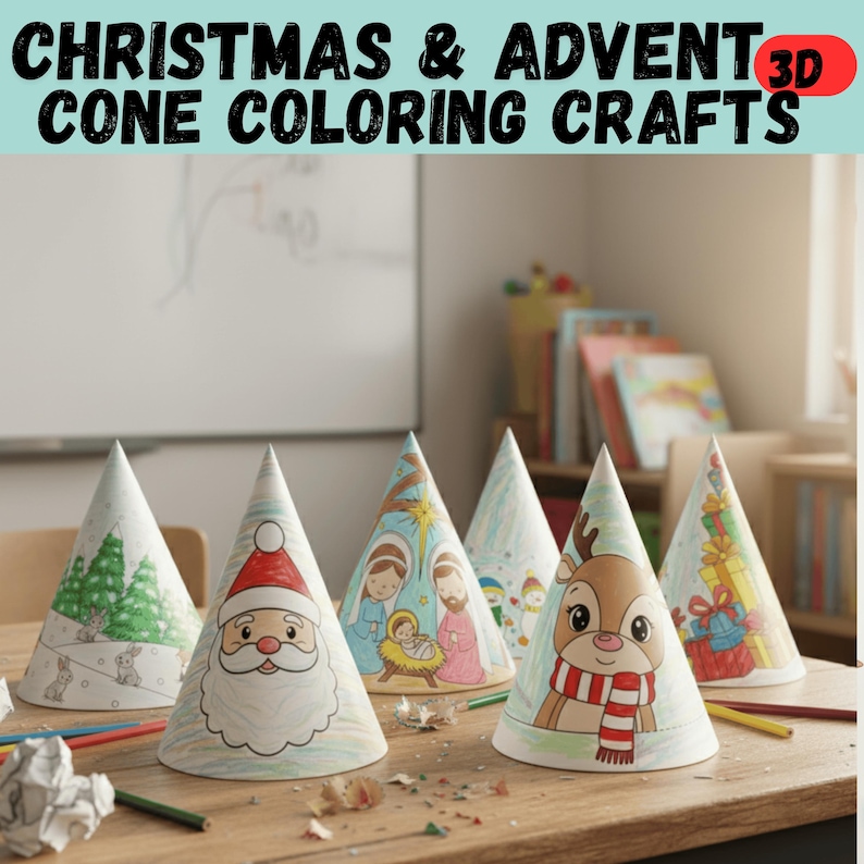 6 Page Christmas & Advent Coloring Cones | Printable 3D Holiday Crafts ...