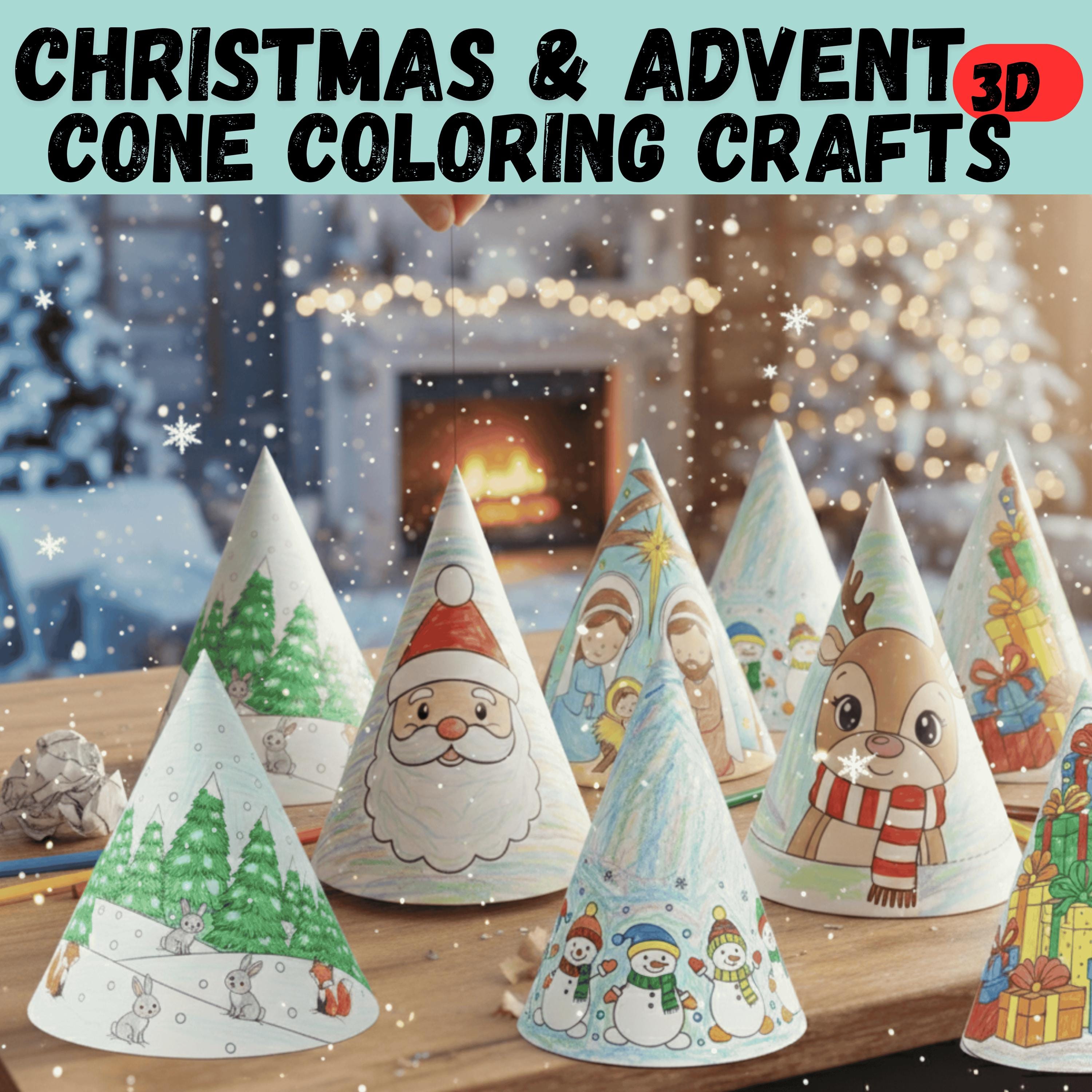 6 Page Christmas & Advent Coloring Cones | Printable 3D Holiday Crafts ...