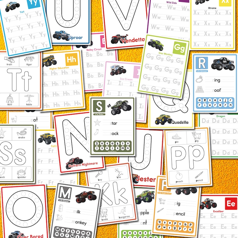 Monster Truck ABC Learning Book Digital for Kids | Trace, Color & Dot ...