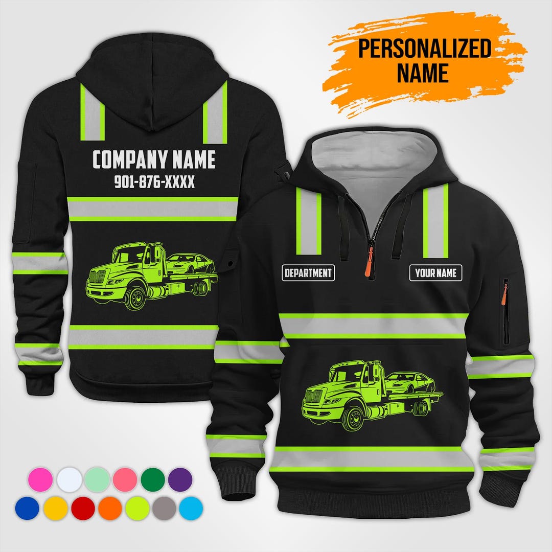 Personalized Non Reflective Tow Truck Driver Quarter Zip Hoodie ...