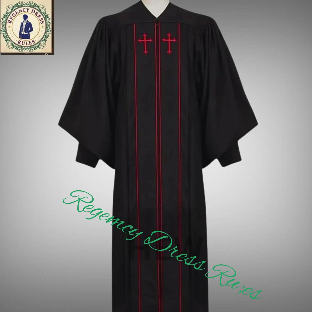 Men's Black Clergy Robe: Red Trim Pulpit Vestment - Religious Priest ...