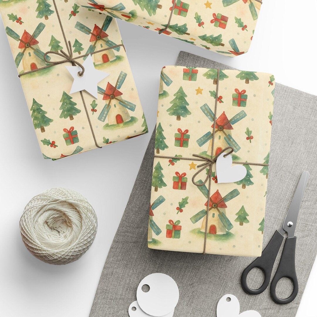Dutch Christmas Windmill Wrapping Paper • Watercolor Holiday Gift Wrap ...