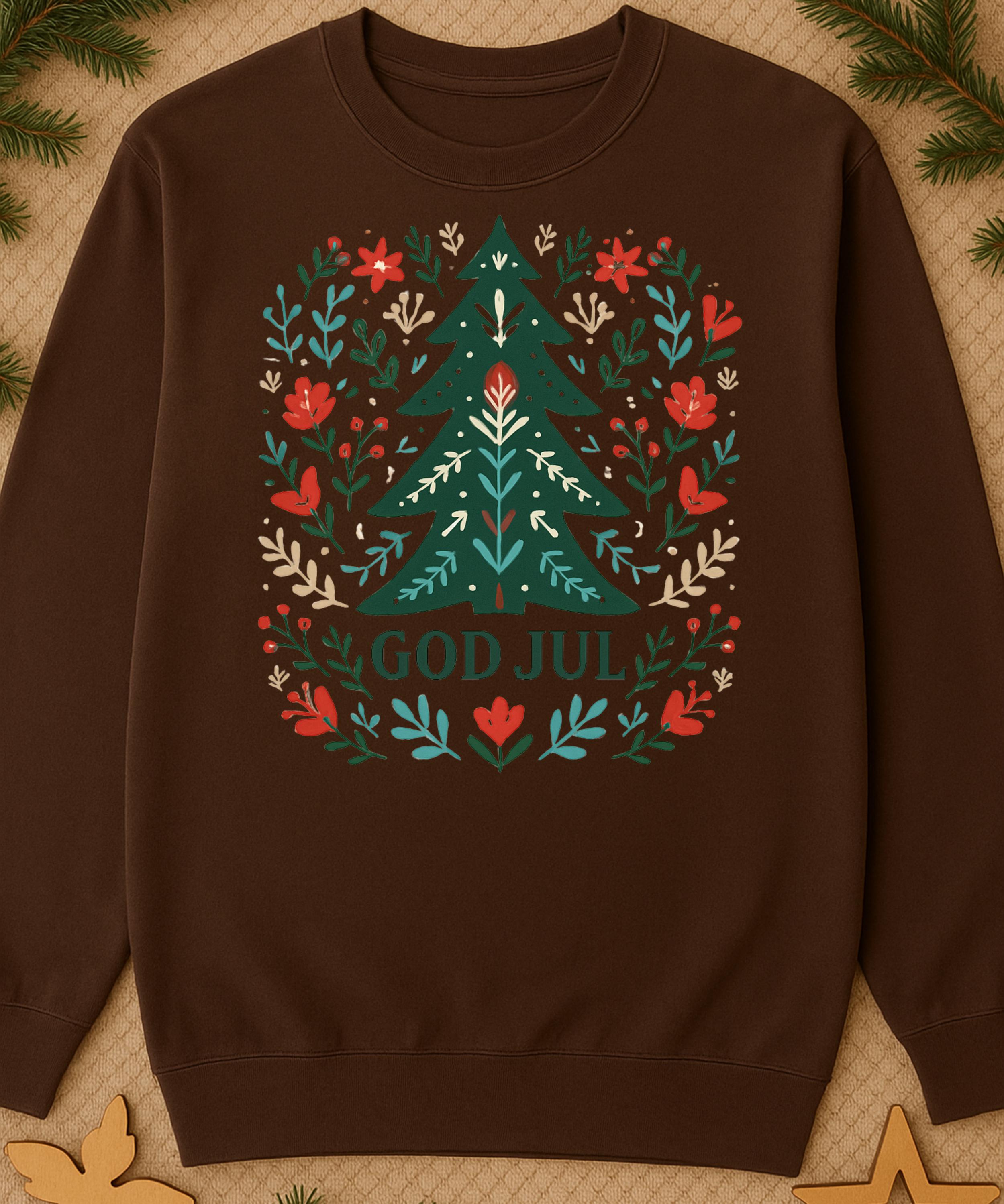 Scandinavian God Jul Shirt – Nordic Folk Art Christmas Tree Long Sleeve ...