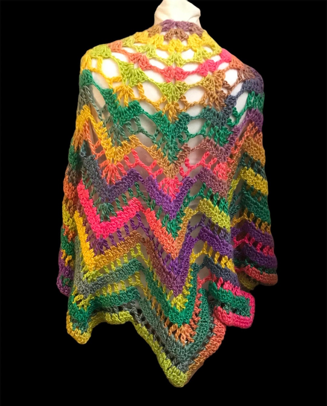 Multicolor Crochet Shawl Handmade Hand Crocheted Irregular Edges in ...