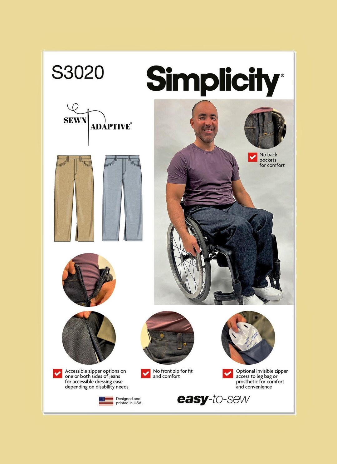 Simplicity Adaptive Sewing Pattern S3020 Unisex Wheelchair Jeans Pants ...