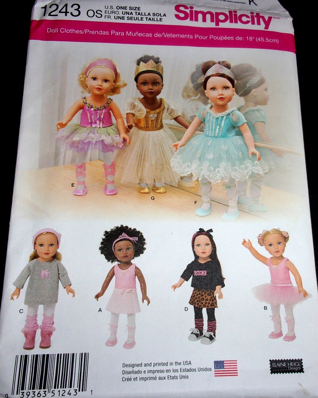 Simplicity Sewing Pattern 1243 18" Doll Dance Clothes Dress Ballerina ...