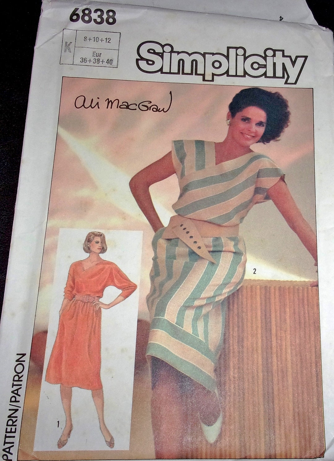 Vtg 1980's Simplicity Ali Macgraw Sewing Pattern 6838 Dress With ...
