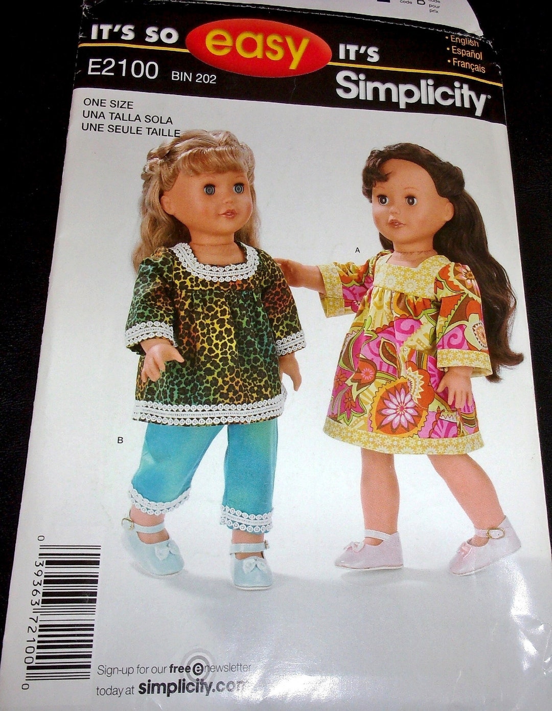 Simplicity Sewing Pattern E2100 18" Doll Everyday Clothes Tunic Top ...