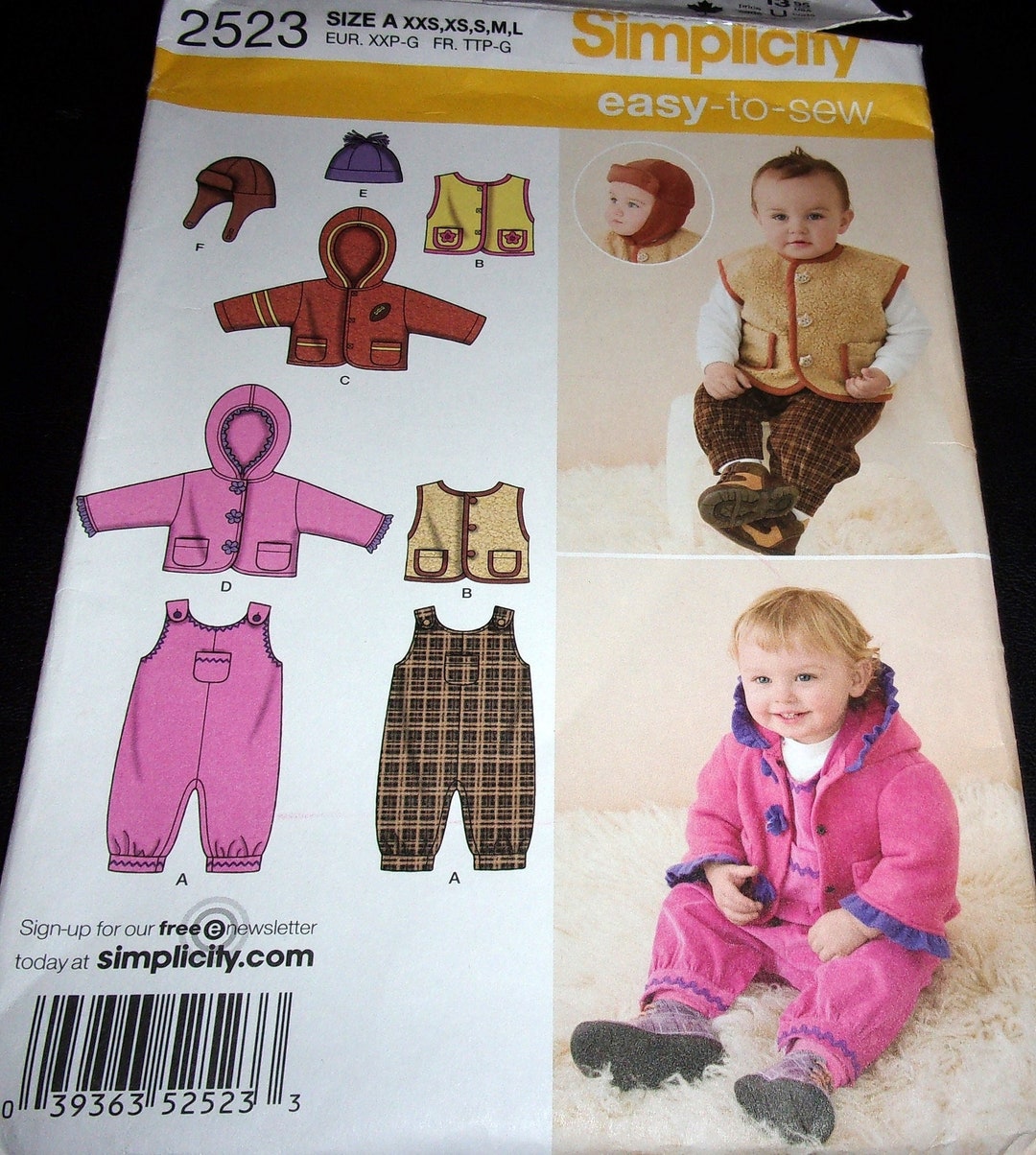 Simplicity Sewing Pattern 2523 Baby's Overalls Button Front Hoodie Jacket Vest Hat Cap Infant's ...