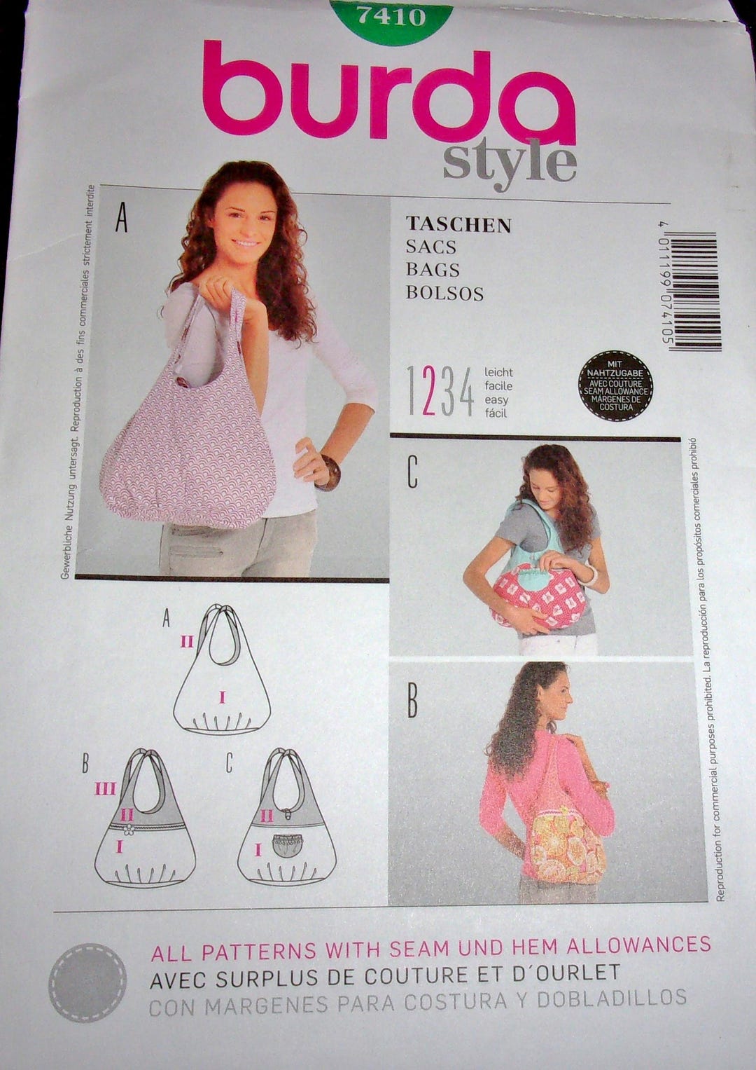 Burda Style Sewing Pattern 7410 Hand Bags Totes Sling Handles Contrast ...