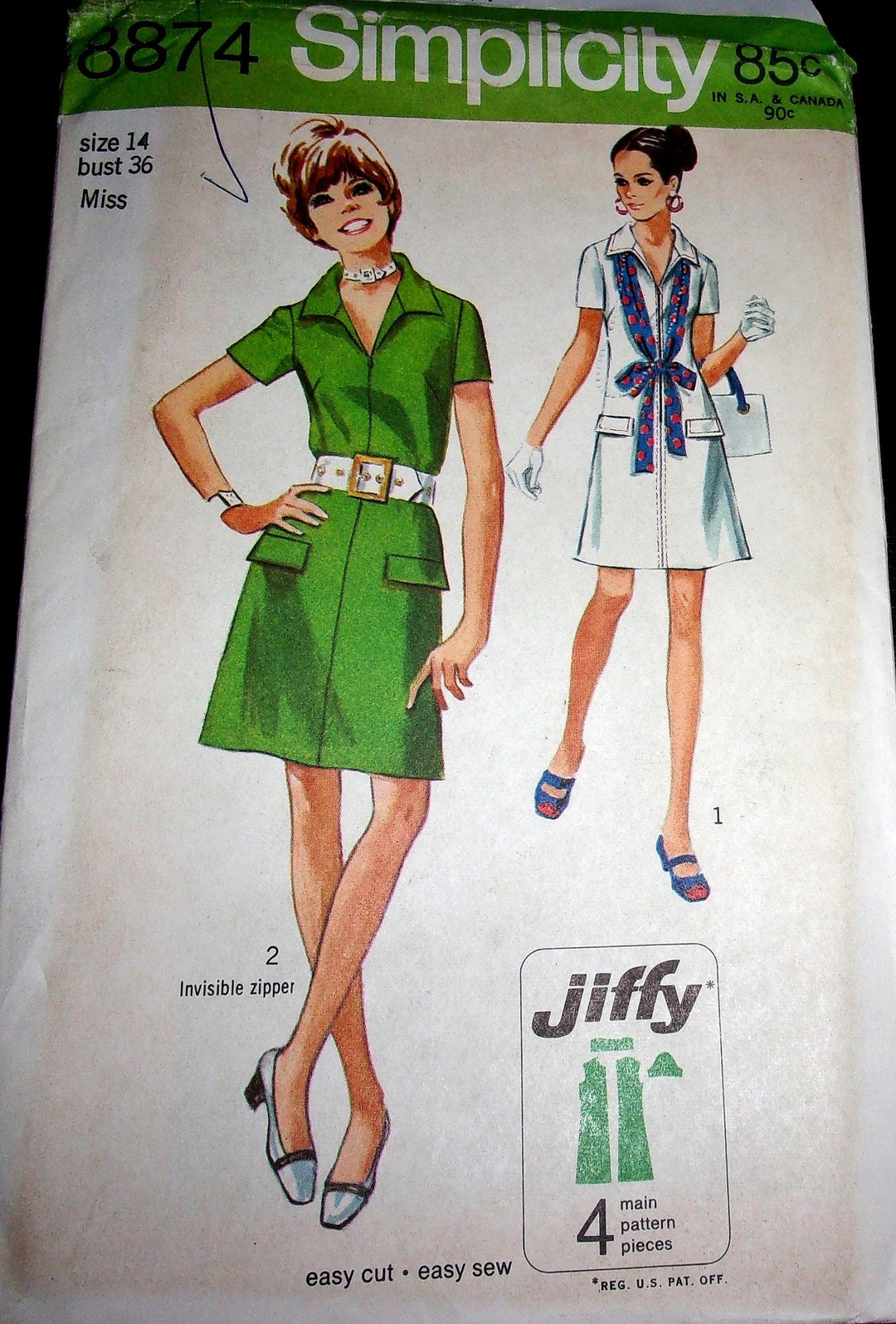 Vintage 1970's Simplicity Jiffy Sewing Pattern 8874 Zip Front Short ...