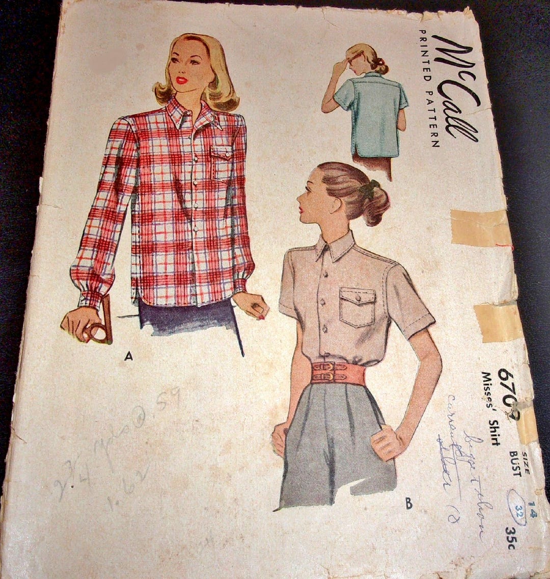 Vtg 1940s Mccall Sewing Pattern 6709 Button Down Camp or Tuck-in Shirt ...