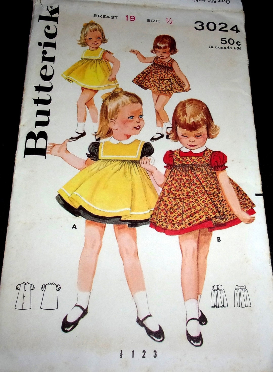 Vtg 1960's Butterick Sewing Pattern 3024 Girl's Puff Sleeve Pinafore ...