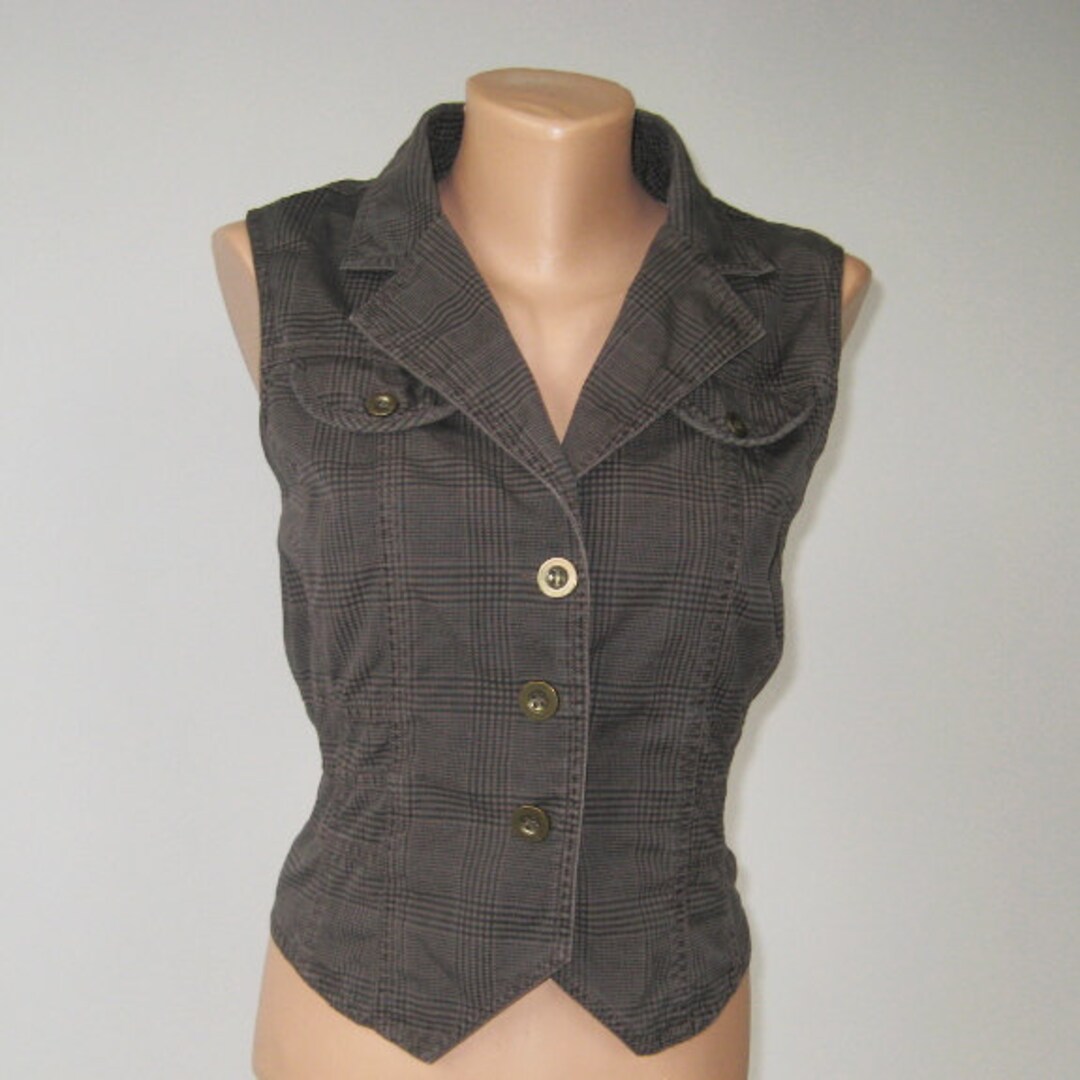 Vintage Brown Black Plaid Waistcoat, Cotton Women Jacket, Cut Redingote ...