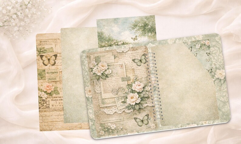 Sage Butterfly Garden Digital Papers, Vintage Floral Scrapbook Pack ...