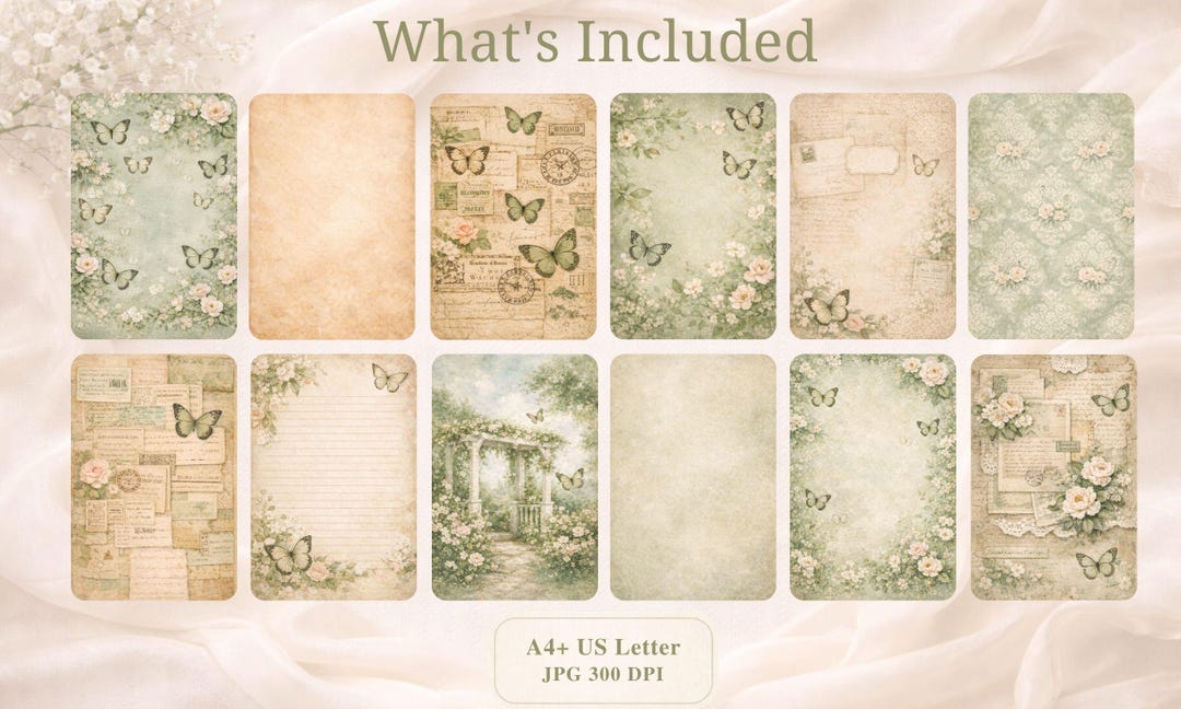 Sage Butterfly Garden Digital Papers, Vintage Floral Scrapbook Pack ...