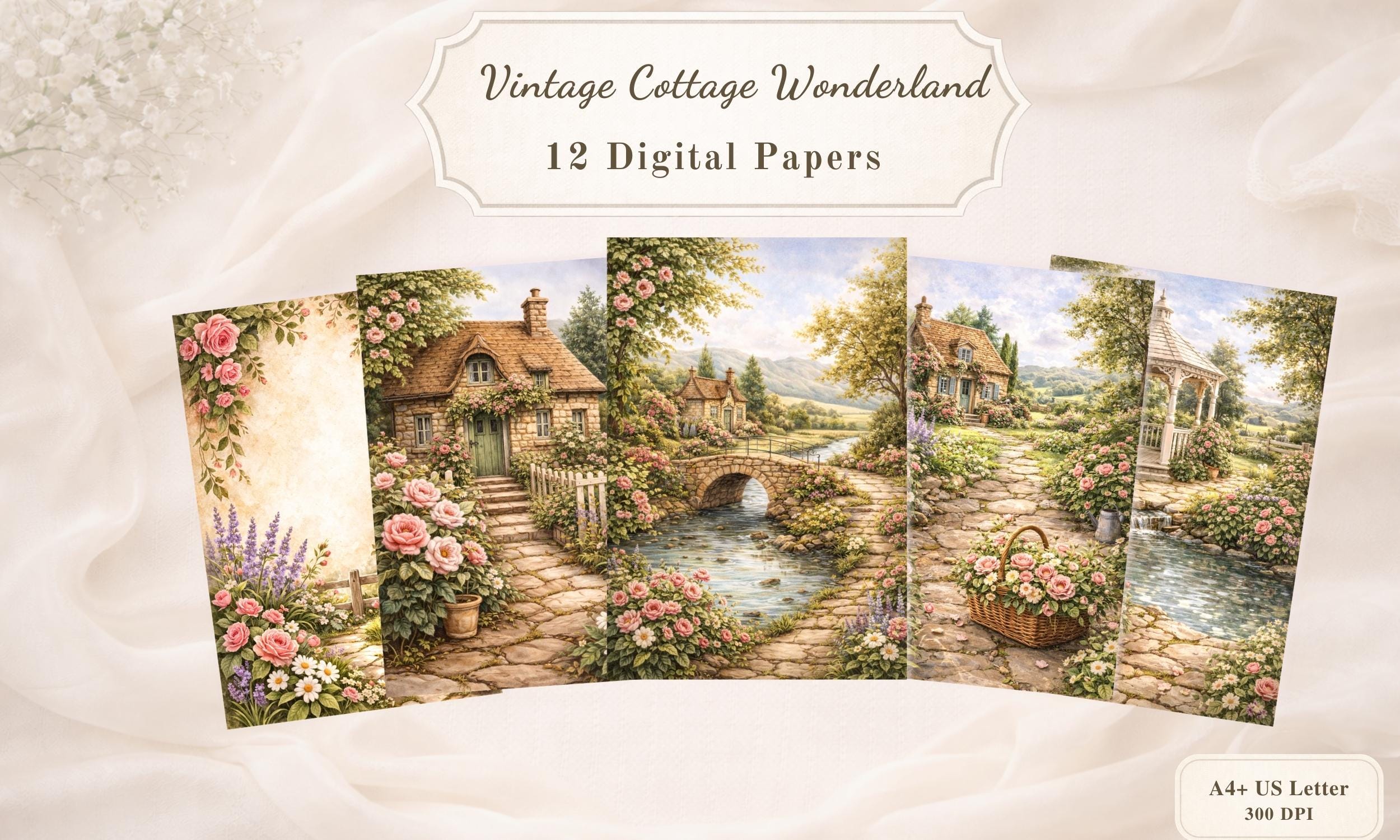 Vintage Cottage Wonderland Digital Papers | Romantic Countryside ...